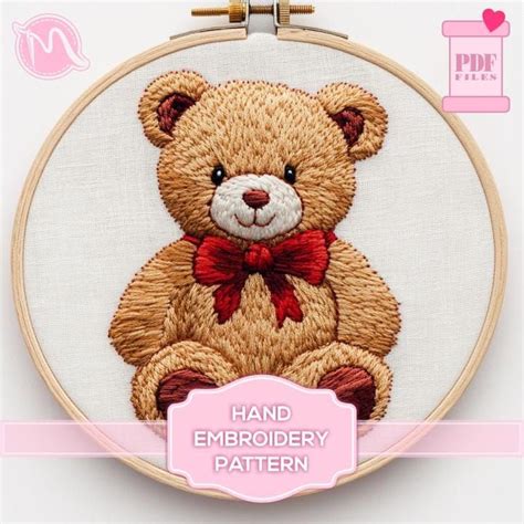 Teddy Bear With Bow Satin Stitch Embroidery Pattern Adorable Plush Friend Satin Stitch