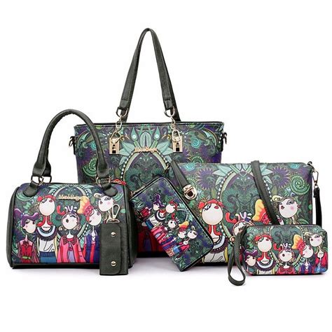 Womens Pattern Print Pu Bag Set Bag Sets Floral Print 6 Pieces Purse