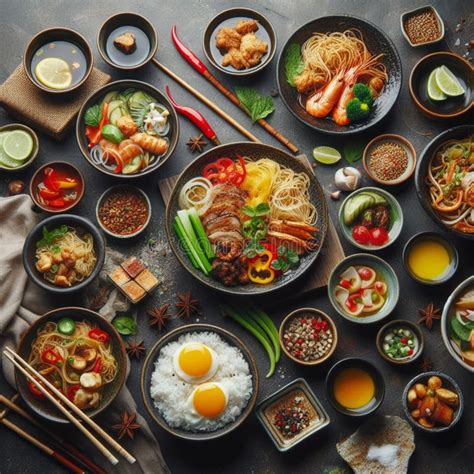 Various Of Asian Meals On Dark Background Assorted Dishes Of
