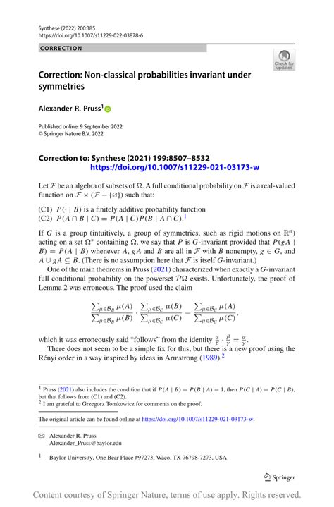 Correction Non Classical Probabilities Invariant Under Symmetries