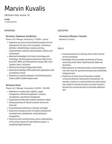 Manager Forecasting Resume Samples Velvet Jobs