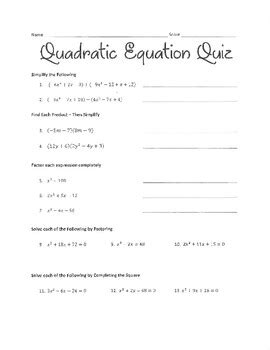 Quadratic Equations Quiz By Mrs Williams Teachers Pay Teachers