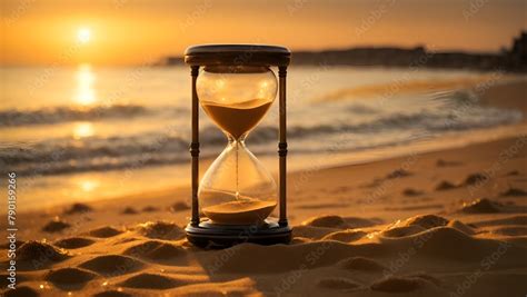 Hourglass On Sand Beach At Golden Sunset Hourglass On Sand Beach At