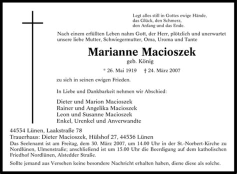 Traueranzeigen Von Marianne Macioszek Trauer In Nrw De