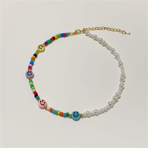 Smiley Face Faux Pearl Beaded Choker Necklace This Depop