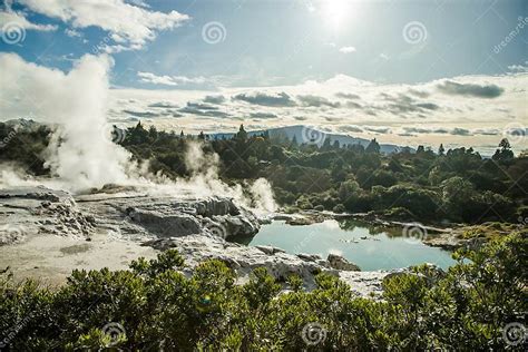 Geothermal Volcanic Park With Geysers And Hot Streams Scenic Landscape