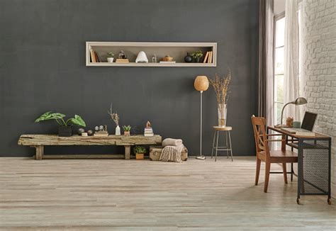 Tường Đá Xám Và Phòng Nội Thất Thích Hợp Băng Ghế Gỗ Và Bàn Làm Việc Kiểu Ghế Đan Bằng Liễu Gai ...