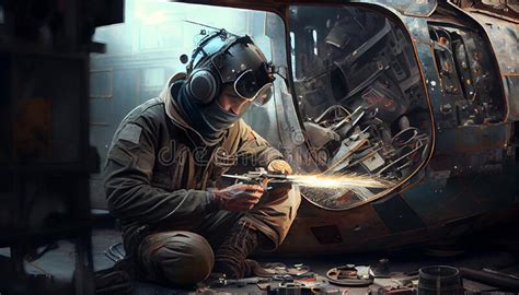 Skillful Metal Worker Working With Plasma Welding Machine In Army Workshop Wearing Safety