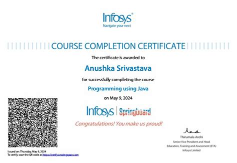 Completed Programming Using Java Course From Infosys Anushka