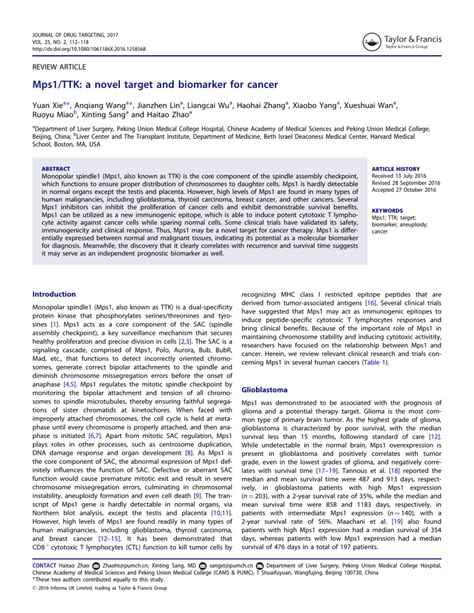 Pdf Mps1ttk A Novel Target And Biomarker For Cancer