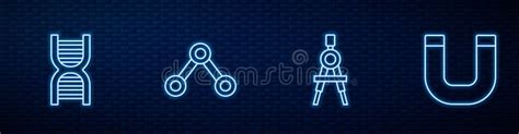 Set Line Drawing Compass Dna Symbol Molecule And Magnet Glowing Neon