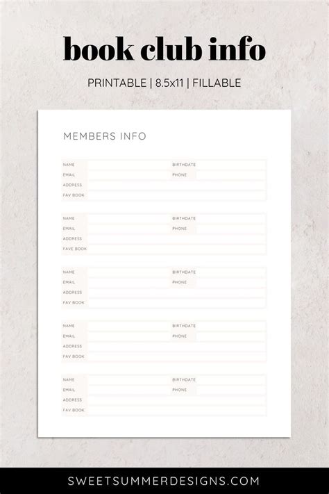 Book Club Members Info Sheet Printable Reading Journal Printable