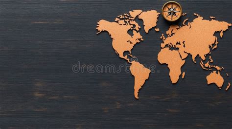 World Map With Compass On Top Placed On Dark Wooden Background Copy