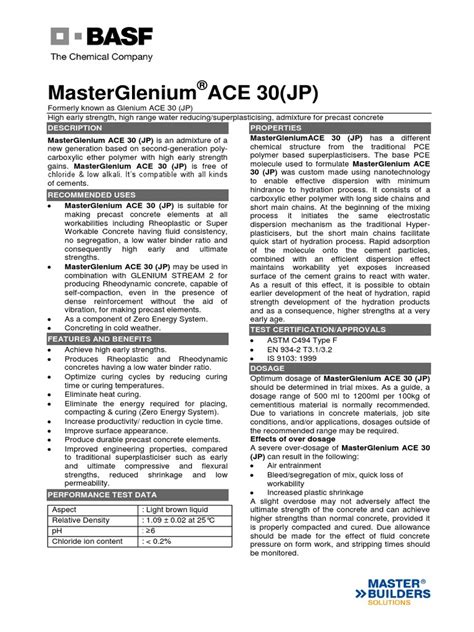 Tds Masterglenium Ace 30 Jp Pdf Concrete Materials