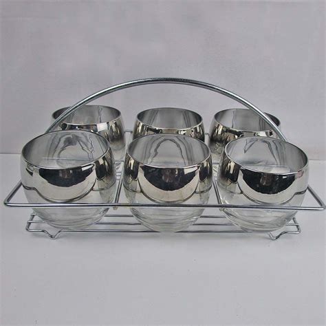Mid Century Modern Silver Ombre Lusterware Roly Poly Glasses With Caddy