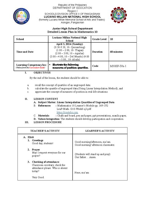 Quartiles Linear Interpolation Republic Of The Philippines Department Of Education Region I
