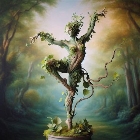 A Statue Dancing Tree Of A Woman With A Plant In The Background