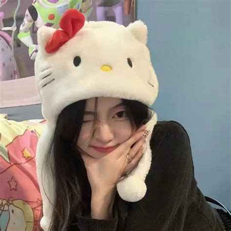Kawaii Hello Kitty Hat For Girls Ins Style Y2k Hello Kitty Hats Women Sweet Fashion Winter Plush