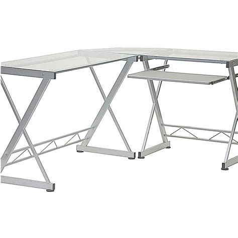 Inbox Zero L Shaped Tempered Glass Top Computer Desk With Pull Out