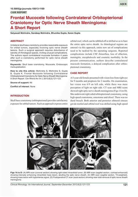 Pdf Frontal Mucocele Following Contralateral Orbitopterional Craniotomy For Optic Nerve Sheath