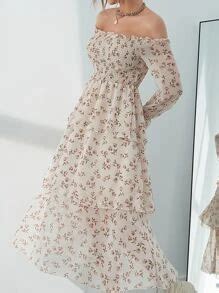 Mulvari Allover Floral Print Off Shoulder Flounce Sleeve Layered Hem