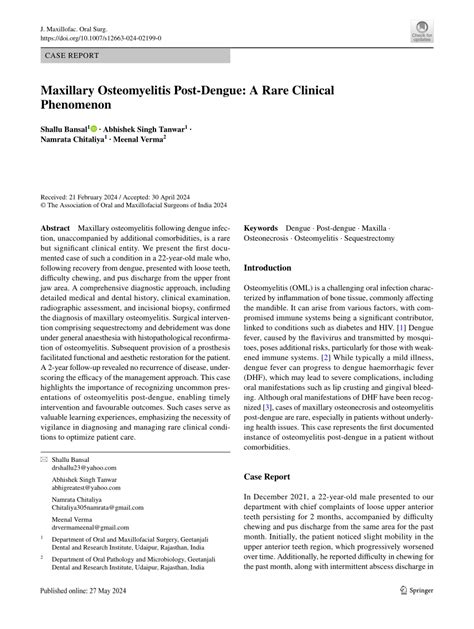 Pdf Maxillary Osteomyelitis Post Dengue A Rare Clinical Phenomenon