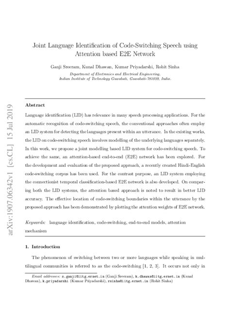 Pdf Joint Language Identification Of Code Switching Speech Using