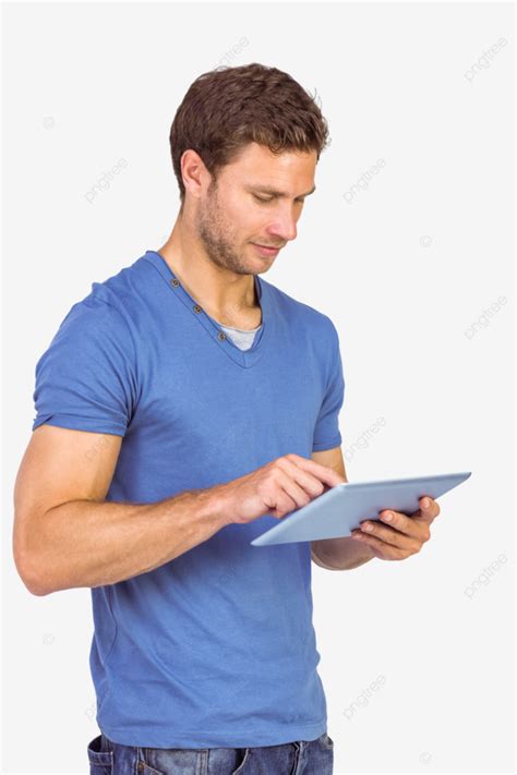 Man Scrolling Through Tablet Pc Lifestyle Light Eyes Blue Eyes Touching PNG Transparent Image
