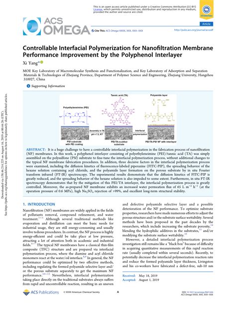 Pdf Controllable Interfacial Polymerization For Nanofiltration