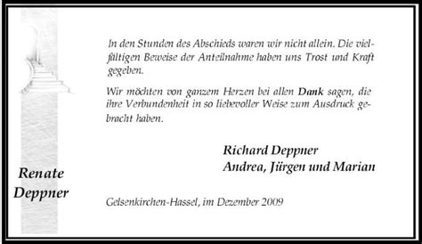 Traueranzeigen Von Renate Deppner Trauer In Nrw De