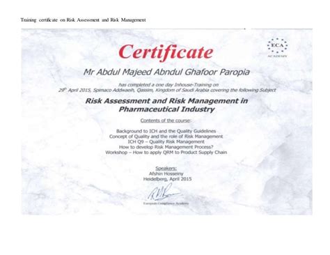 Training Certificate On Risk Assessment And Risk Management