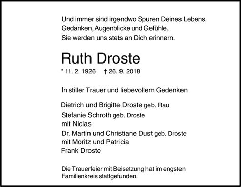 Traueranzeigen Von Ruth Droste Trauer In Nrw De