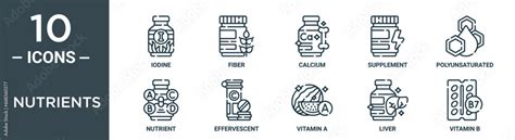 Nutrients Outline Icon Set Includes Thin Line Iodine Fiber Calcium
