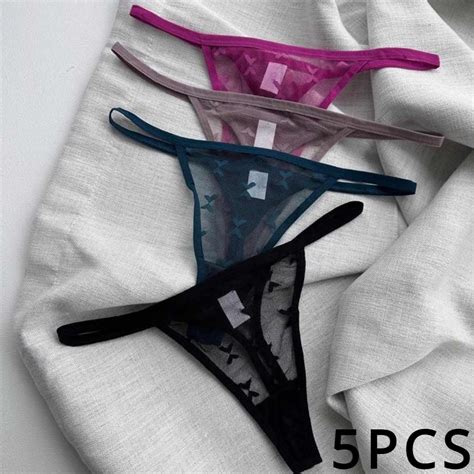 5pcs Lace Thong Mesh Perspective Women G String Lace Panties Low Waist