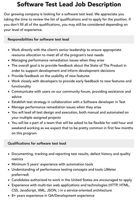 Software Test Lead Job Description Velvet Jobs