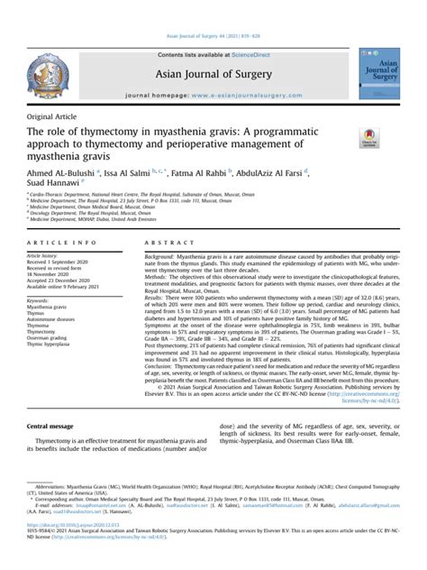 The Role Of Thymectomy In Myasthenia Gravis Pdf Thymus Causes Of