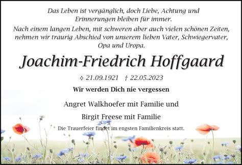 Traueranzeigen Von Joachim Friedrich Hoffgaard Trauer Anzeigende