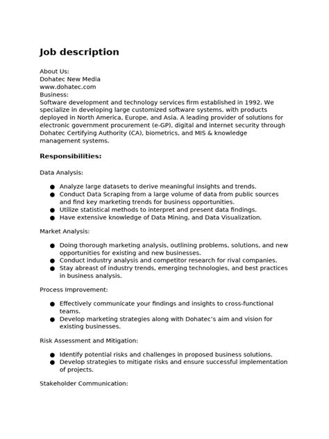 Business Analyst Job Description Pdf Data Analysis Data