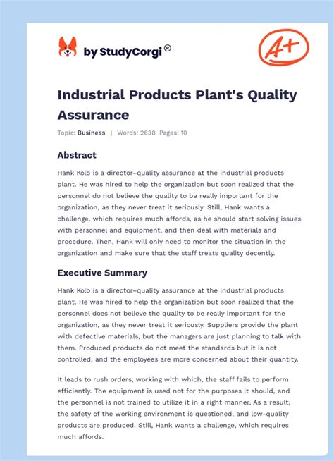 Industrial Products Plants Quality Assurance Free Essay Example