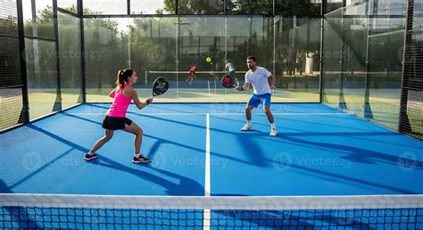 Padel Doubles Match Rally With Two Players On Blue Surface 71037410