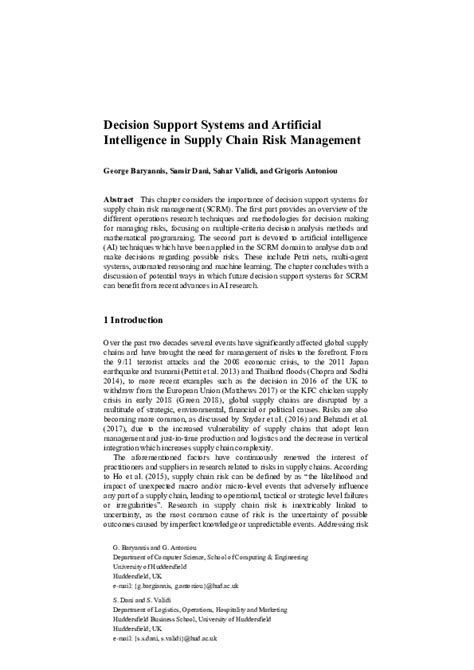 Pdf Decision Support Systems And Artificial Intelligence In Supply Chain Risk Management