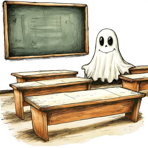 Friendly Ghost Hangs Out At A Spooky Classroom With Old Desks Stock Illustration Illustration