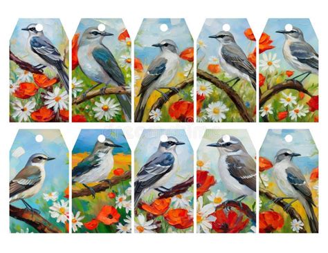 Mocking Bird Sitting On A Tree Branch With Flowers Watercolor T Tags
