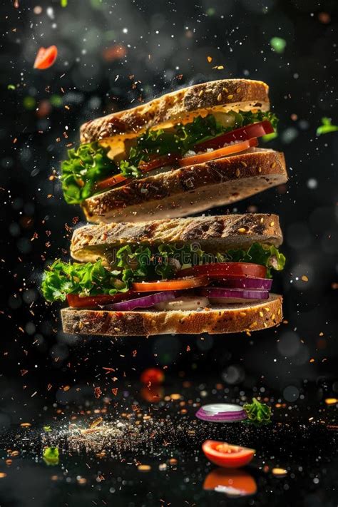Delicious Sandwich Ingredients Floating In Air With Fresh Vegetables