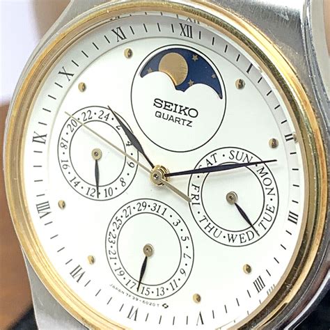 Seiko Mens Watch 7f39 6030 Vintage Quartz Day Date Moon Phase Two Tone