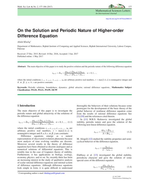 Pdf On The Solution And Periodic Nature Of Higher Order Difference
