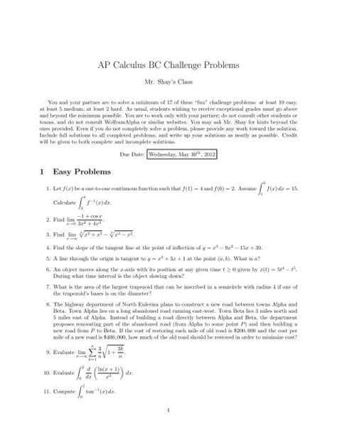 Ap Calculus Bc Challenge Problems Teacher