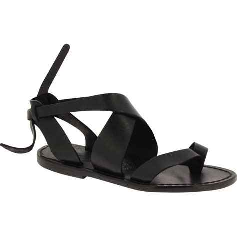 Womens Flat Black Leather Sandals Handmade In Italy Gianluca L
