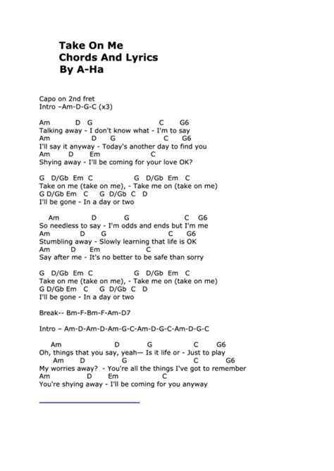 Take On Me Chords And Lyrics By A Ha Printable Pdf Download