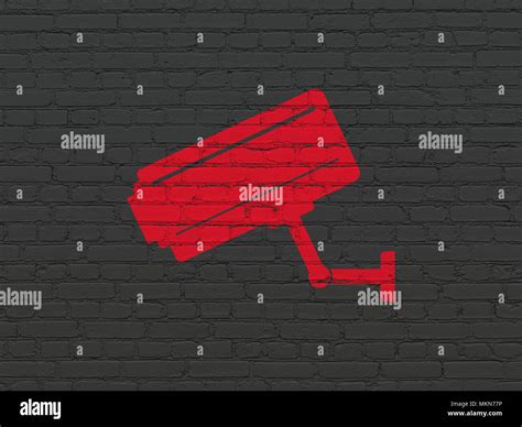 Privacy Concept Painted Red Cctv Camera Icon On Black Brick Wall